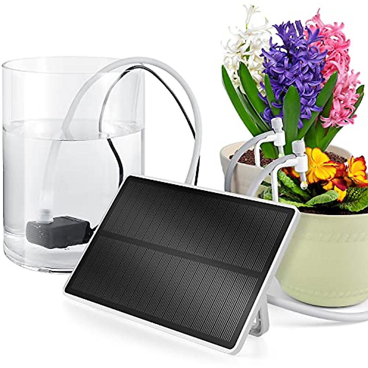 Solar Power Rechargeable Drip Irrigation Kit,Automatic Self-watering Plant Watering System with Timer,Easy DIY Vacation Self Watering Device for Indoor&Outdoor Potted Plant(15~270 Days Duration,White) (White)