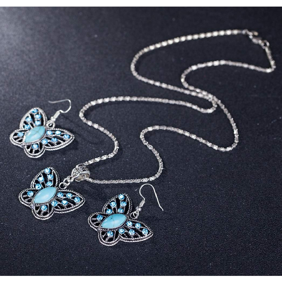 Cocazyw Silver Turquoise Bracelet and Earrings for Women Girl Retro Charm Gemstone Jewelry Set Pendant Necklace and Drop Earrings for Women Girl (style one)