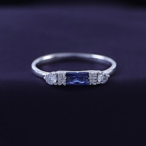 AFFY Baguette Simulated Sapphire Blue & White Cubic Zirconia 14K White Gold Over Sterling Silver Three Stone Design Bridal Engagement Wedding Ring Jewelry for Women Size -8