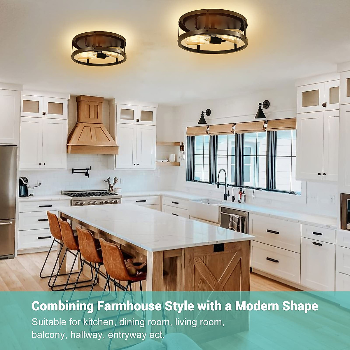 EAPUDUN Farmhouse Flush Mount Ceiling Light, 13" Imitation Wood 2-Light Fixture, Retro Style Lamp for Hallway, Entryway, Bedroom, Kitchen, Dining Room (FMA1138-FBDT)