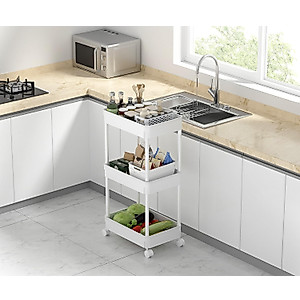 Sooyee 3-Tier Plastic Rolling Utility Cart with Wheels, Multi-Functional Storage Trolley for Office, Living Room, Kitchen, Movable Storage Organizer with Wheels, White