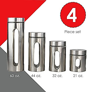 Kitchen Canisters By Home Basics | Retro-Styled For Kitchen Counter | Stainless Steel and Glass | With See-Through Windows (Silver), 4 Pieces, For Flour, Coffee, Sugar, and Dry Ingredients