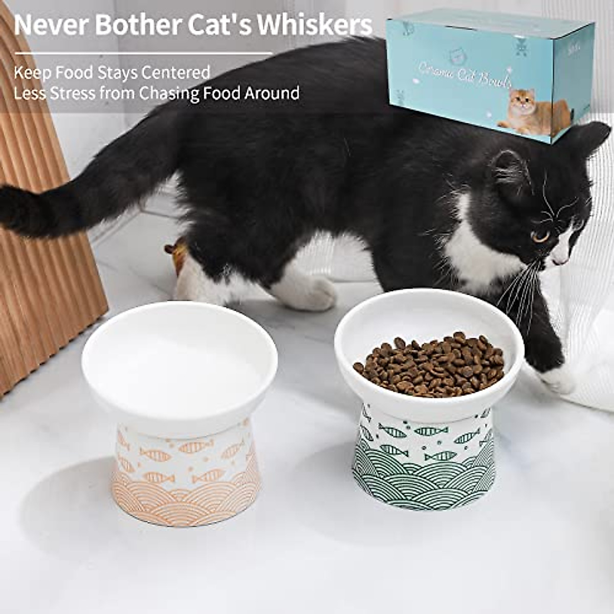 Ceramic Raised Cat Bowls, Elevated Tilted Cat Food and Water Bowl Set, Porcelain Stress Free Pet Feeder Dish for Cats and Small Dogs, Dishwasher and Microwave Safe, Set of 2