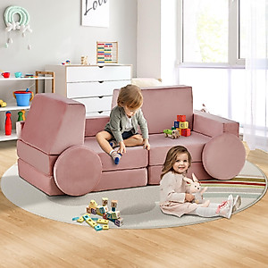 CLIPOP Kids Couch 10pcs Modular Kids Play Couch Set, Kids Couch Building Fort, Instant Rebound Foam, Versatile Child Sectional Sofa for Bedroom Playroom, Stylish Baby Boy Girl Gifts (Pink)