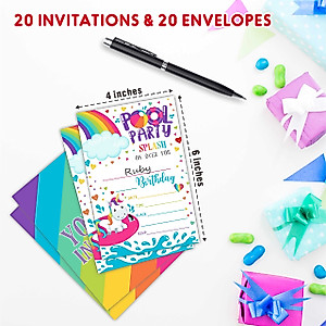 AWSICE Rainbow Unicorn Birthday Invitations,Pool Party Theme Double-Sided Fill-In Invite Cards For Birthday Party, 20 Invitations With Envelopes, Decorations,Party Favor And Supply-A23