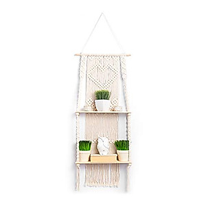 KALTEK Macrame Shelf | Boho Style with Two Tier Wood Shelves | Beautiful Handmade Macrame Shelf for Hanging Plants and Decor | Boho Wall Decor with Macrame Rope and Shelf