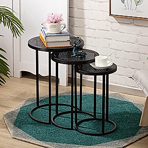 ALIMORDEN Set of 3 Round Metal Nesting Table, 3-Pack Indoor&Outdoor Coffee Snack Side Table, Accent Nightstand for Bedroom, Sofa Side Table for Living Room, Garden, Patio, (D) 14" x(H) 19.69", Black