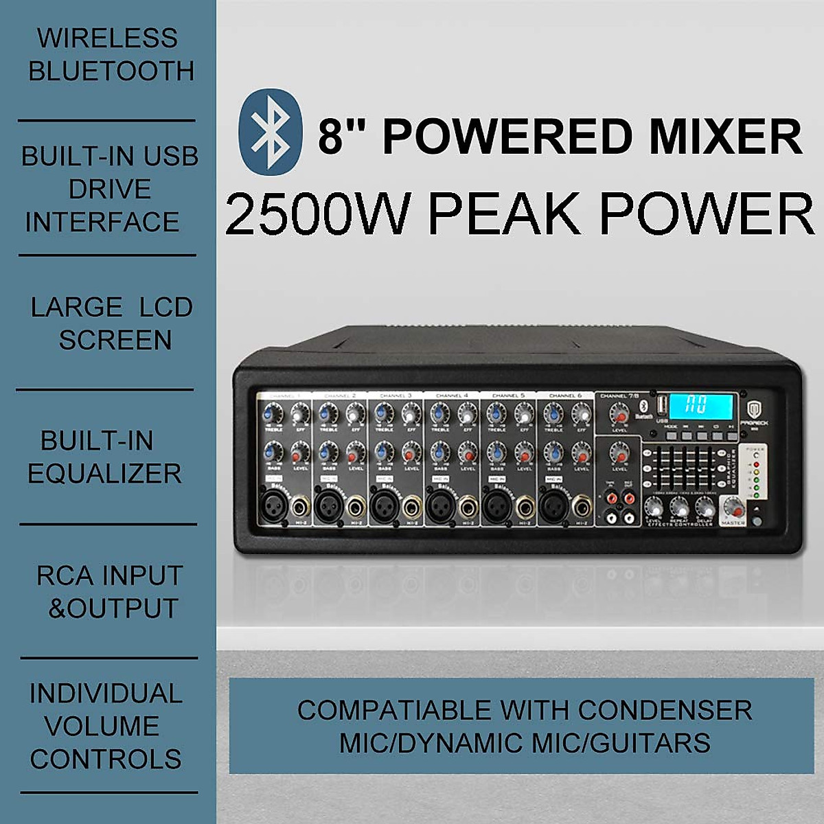 PRORECK MX15 15inch 2500W Bluetooth Powered PA System Mixer/Amp with Stands/Mic Effect Controller 48V Phantom Power, Audio Interface