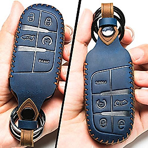 Leather Car Key Fob Cover Compatible with Jeep Keyless Remote Control Grand Cherokee Dodge Challenger Charger Dart Durango Journey Chrysler 200 300 Fiat etc (A Style, Blue)