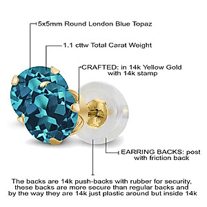 Gem Stone King 14K Yellow Gold London Blue Topaz Stud Earrings For Women (1.10 Cttw, Gemstone Birthstone, 5MM Round)