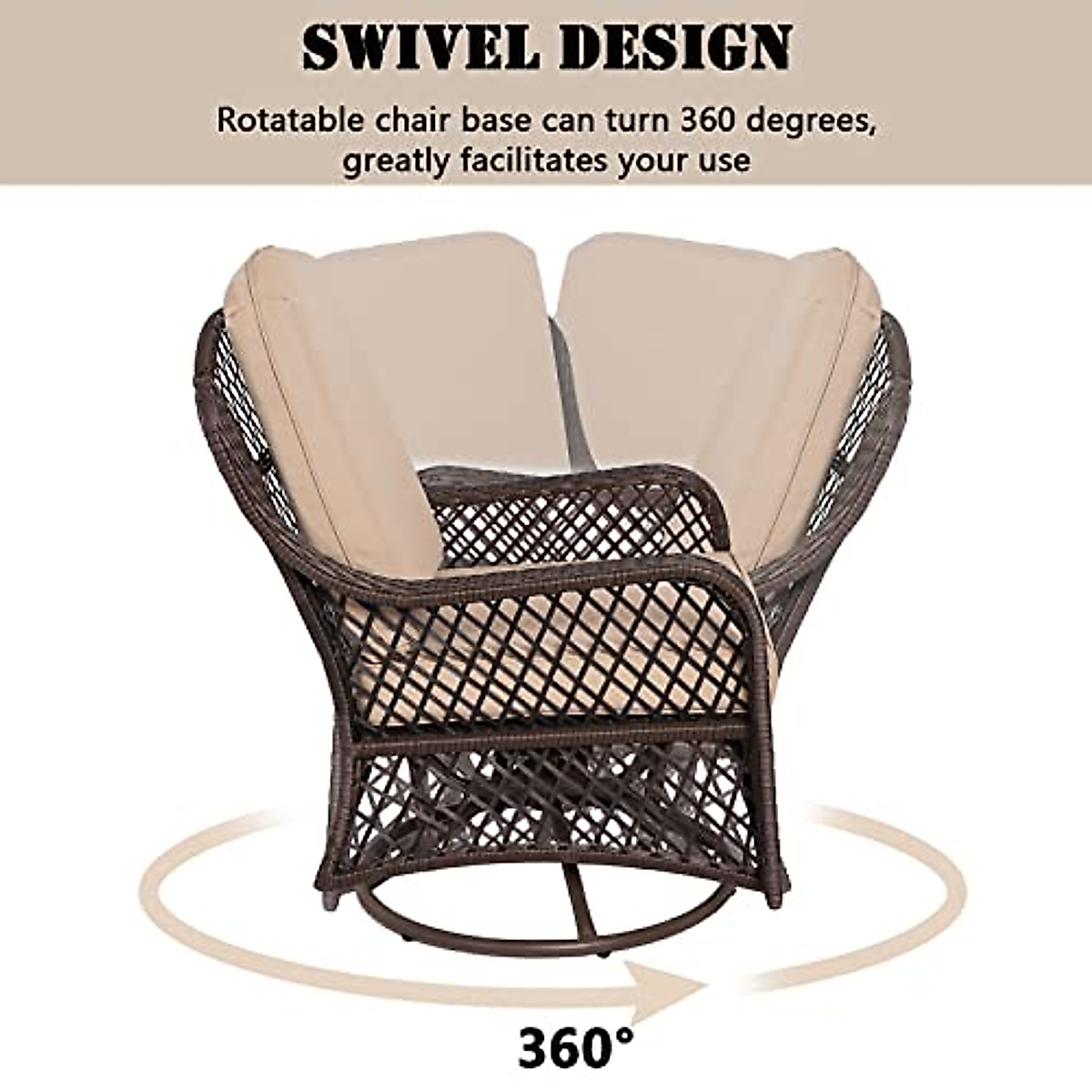 LEISU 3-Pieces Patio Swivel Wicker Bistro Furniture Set with Cushioned Patio Swivel Rocker Swivel Rocking Chairs Set Side Table Outdoor Rattan Conversation Sets (Beige)
