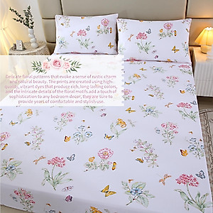 RYNGHIPY Egyptian Cotton Bed Sheets Full Size Set Garden Botanical Flowers Butterfly Sheets Set with Pillowcases Ultra Soft and Breathable Deep Pockets (White,Full Size)