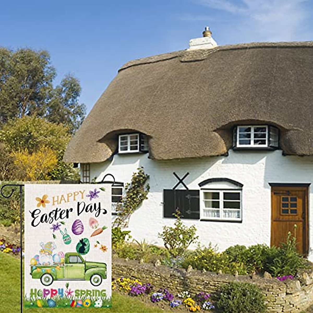 Happy Easter Day Garden Flags, Gnome Eggs Truck Vertical Double Sized Burlap Flag for Spring House Yard Outdoor Decor 12.5 x 18 Inch (Multi)