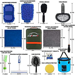 AUTODECO 22Pcs Car Wash Cleaning Tools Kit Car Detailing Set with Olive Green Canvas Bag Collapsible Bucket Wash Mitt Sponge Towels Tire Brush Window Scraper Duster Complete Interior Car Care Kit