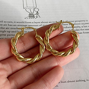 Twisted Gold Hoop Earrings for Women, Thick Chunky Hoops Hypoallergenic Vintage Twist Earings Big