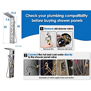 ROVOGO LED Shower Panel Tower System with Rainfall Waterfall Shower Head, 2 Body Jets, 4 Mist Spray, Tub Spout and Handheld, Shower Column with Temp Display, Black