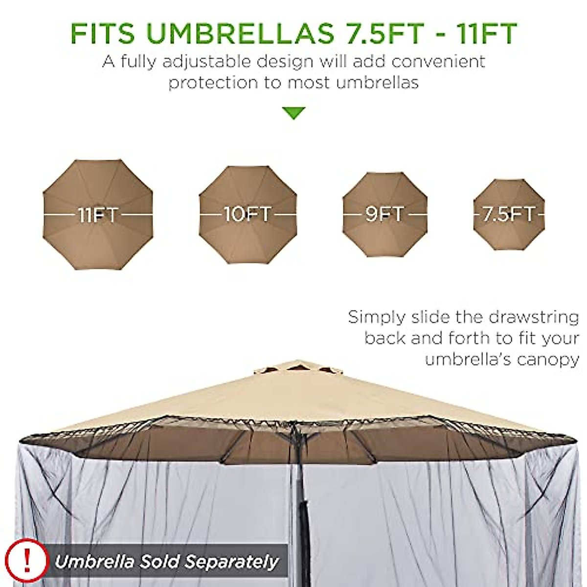 Best Choice Products 9ft Adjustable Mosquito Net for Umbrellas 7.5-11ft, Bug Screen Patio Umbrella Accessory for Outdoor Market Offset Cantilever w/Polyester Mesh Net, Zipper Door, Fillable Base