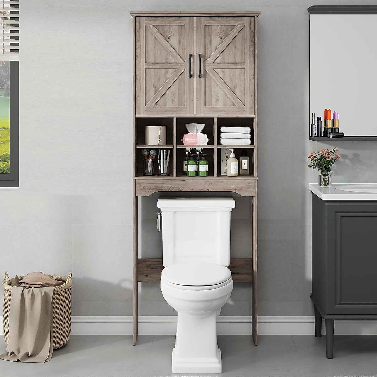 Befrases Over The Toilet Storage Cabinet with 2 Doors Storage Cabinet, Bathroom Storage Cabinet with Adjustable Storage Compartments, Suitable for Bathroom, Laundry Room, Small Spaces, Grey