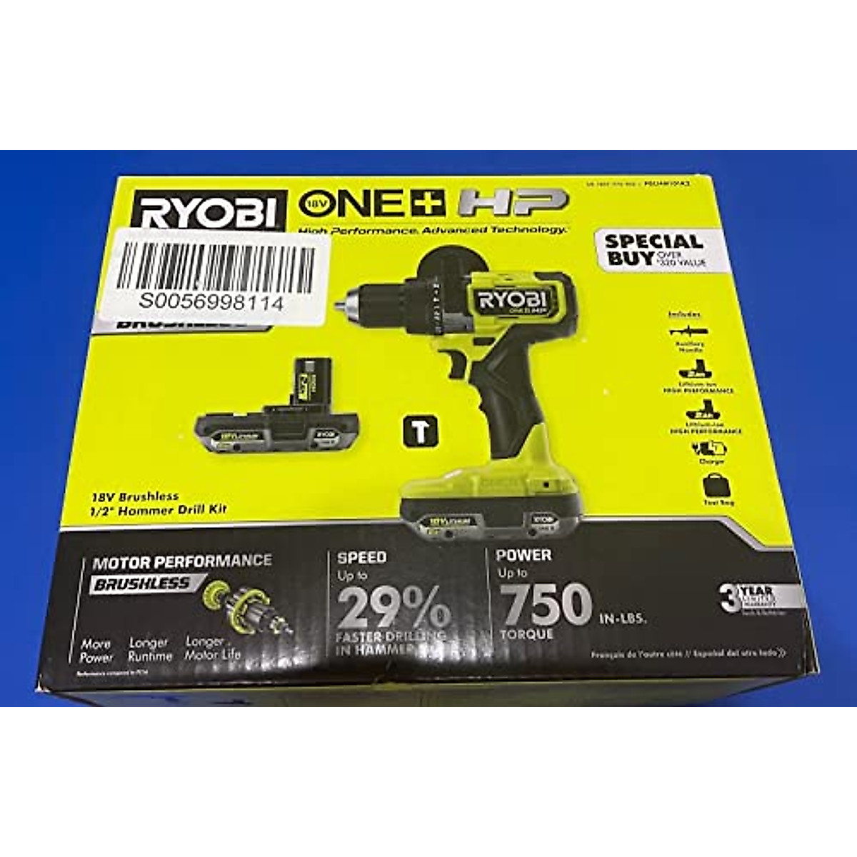 RYOBI ONE+ HP 18V Brushless Cordless 1/2 in. Hammer Drill Kit with (2) 2.0 Ah Batteries, Charger, and Bag (PBLHM101K2)