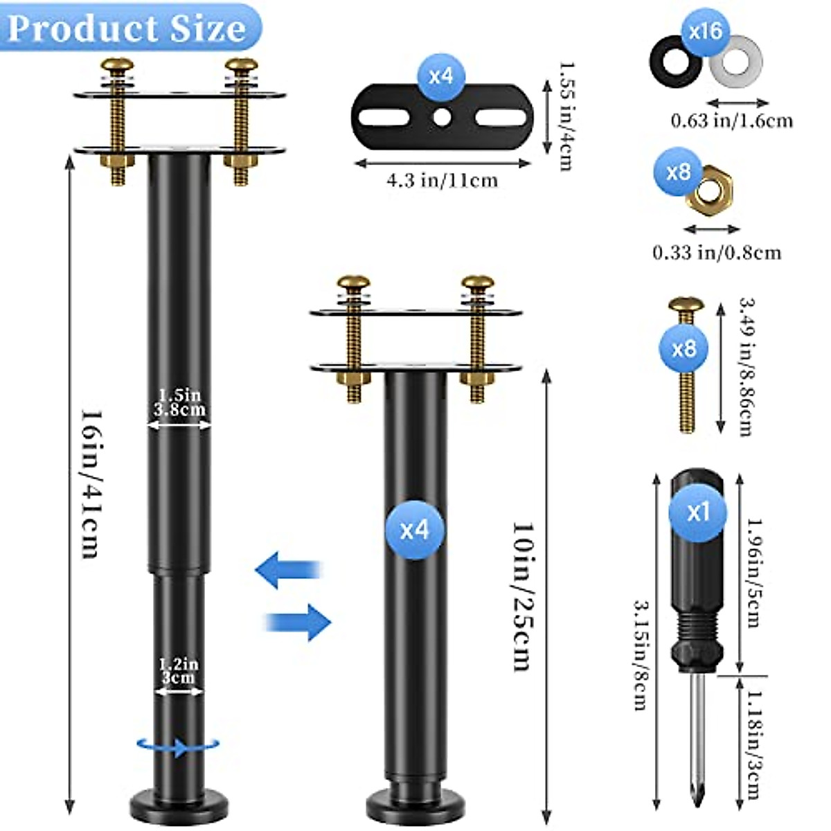 O.HSNYIU Upgrade Adjustable Bed Support Legs 10"-16", Bed Frame Support Legs, Bed Legs Set of 4, Metal Bed Frame or Wooden Bed Center Slat Support Leg, Heavy Bed Replacement Legs (4, 10"-16")
