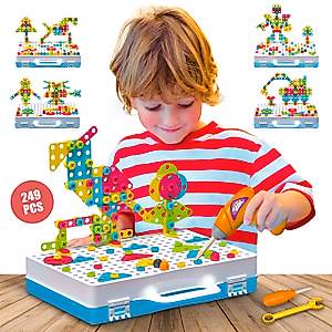 249 PCS STEM Learning Toys – Electric Drill DIY Educational Set, Creative Engineering with Various Shapes and 5 Toy Tools – 2&3D Mosaic Construction Kit for Toddlers, Boys and Girl Ages 3 4 5 6 7 8 9