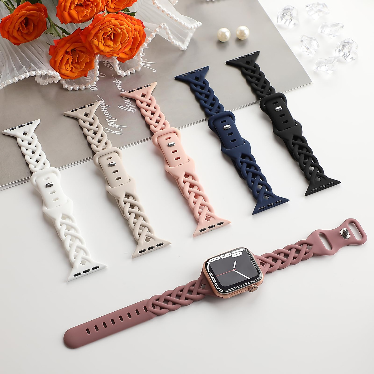 6 Pack Braided Silicone Bands Compatible with Apple Watch Band/iWatch Bands Women 38mm 40mm 41mm 44mm 45mm, Slim Replacement Strap Breathable Sport Wristband for iWatch Series 9 SE 8/7/6/5/4/3/2/1