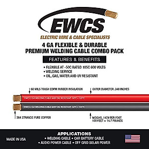 EWCS 4 Gauge Premium Extra Flexible Welding Cable 600 Volt 25 Feet Each Black+Red