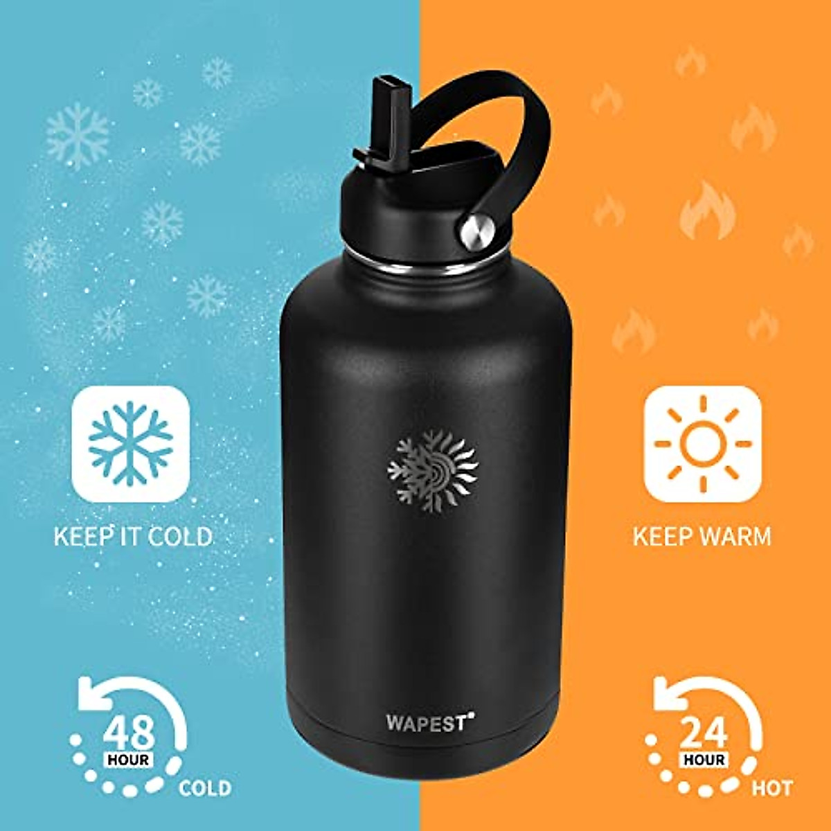 Water Bottle 64 oz with Paracord Handle & Cleaning Brush, Half Gallon Double Wall Vacuum Metal Stainless Steel Insulated Water Flask Jug with 2 Lids and Carrying Pouch, Leakproof and BPA-Free, Black