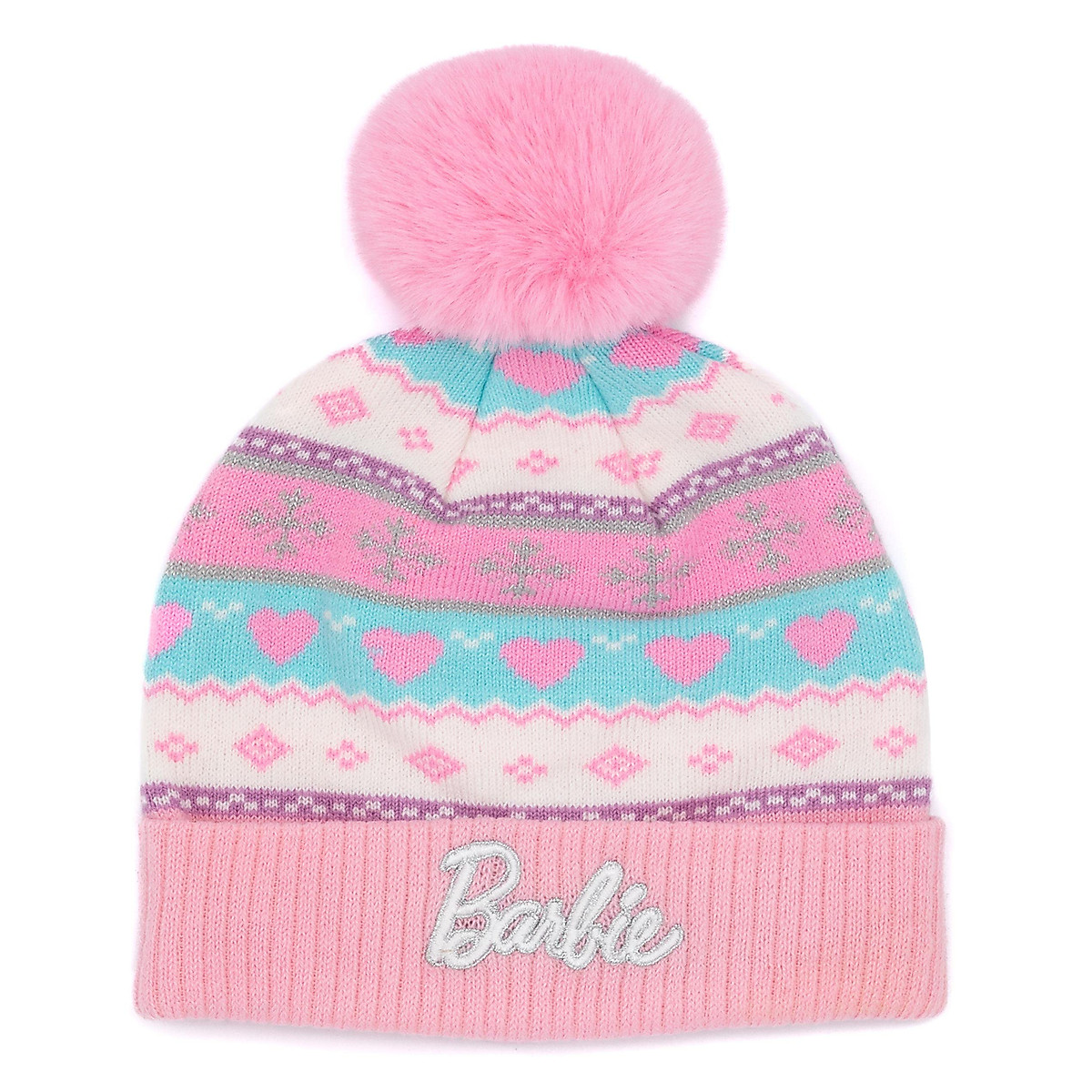 Barbie Hat and Gloves Kids Girls Pink Logo Knitted Pom Winter Beanie