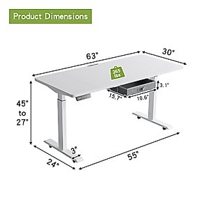 Radlove Dual Motors Height Adjustable 63 x 30'' Electric Standing Desk with Drawer Stand Up Table 4 Memory Keys, Computer Desk with Splice Board Home Office Desk, White Top + White Frame