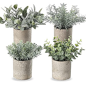 Miracliy Mini Potted Fake Plants Faux Artificial Eucalyptus Boxwood Rosemary Greenery in Gray Pots for Home Office Desk Bathroom Decoration Garden Decor, Indoor & Outdoor,Set of 4