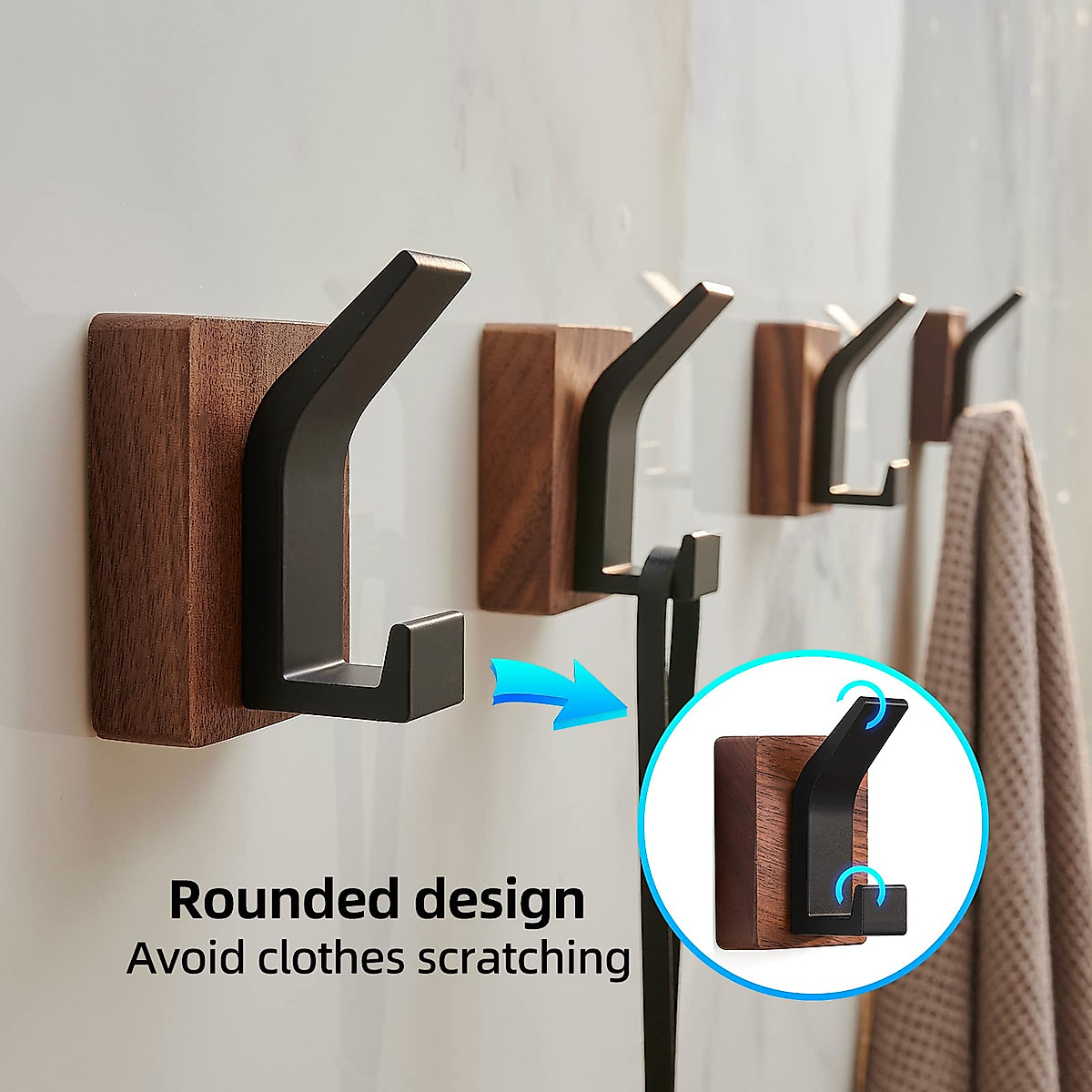 AODORAN Coat Hooks Wall Mounted - 4 Pack Heavy Duty Towel Hooks for Wall Hanging Wood Black Rustproof Coat Rack Wall Mount Wall Hooks Bag Key Hat Hanger