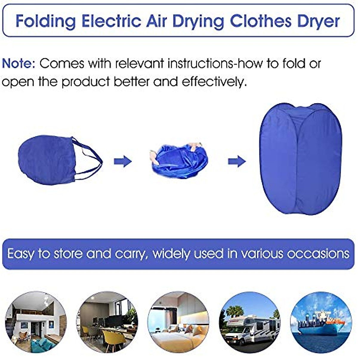 Portable Clothes Dryer, Blue Mini Folding Ventless Electric Air Clothes Dryer Bag Folding Fast Drying Machine with Heater 110V US Plug