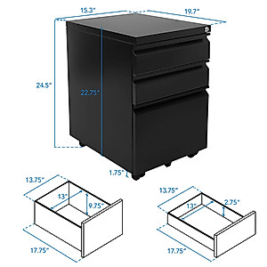 MOUNT-IT! Mobile File Cabinet with 3 Drawers | Under Desk Rolling Storage with Lock for Supplies, Files, and Materials, Mobile Space Saving for Home and Office