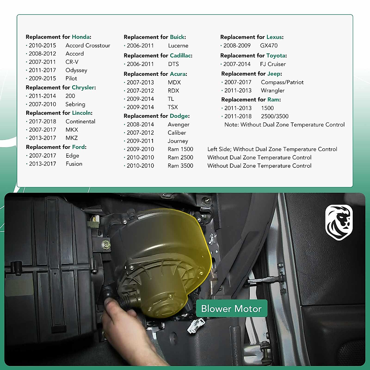 Front Side AC Heater Blower Motor Assembly Replacement for Dodge Ram Avenger Honda Accord Odyssey Jeep Lincoln Acura