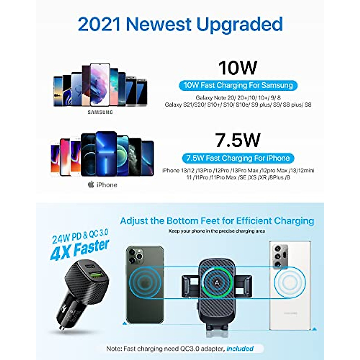 [Fast Charging] andobil 15in Wireless Car Charger, [Upgraded Secure Chip] Qi Car Cup Phone Mount with Adapter Adjustable Gooseneck Cup Holder Charger Compatible with iPhone 14 13 12 Pro Max S22 S21