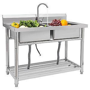 Stainless Steel Utility Sink, Free Standing Commercial Double Bowl Sink with Faucet, for Restaurant, Cafe, Workshop, Kitchen, Garage, Laundry Room, Outdoor