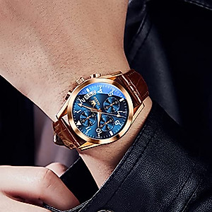 OLEVS Men's Wrist Watches, Waterproof Chronograph Quartz Sportes Men Watch for Father Husband Boyfriend Son Father's Day Gifts, Blue Dial, ROUND, Business