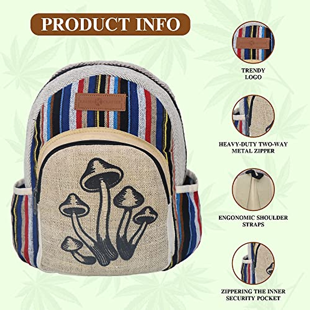 Himalayan hemp back pack. Laptop, Tablet carrying college, travel back pack. Hand made strong multi pocket back pack 1096 (Himalayan Pack 4)