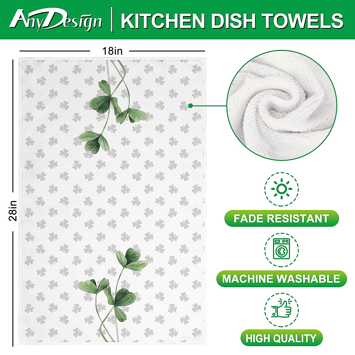 AnyDesign St. Patrick's Day Kitchen Towel Gray White Lucky Kisses Dish Towel Shamrock Clover Hand Drying Tea Towel for Cooking Baking Cleaning Wipes, 18 x 28 Inch, Set of 4