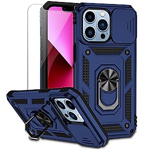 for iPhone 13 Pro Max Case with Camera Lens Cover HD Screen Protector, Military Grade Drop Protection Magnetic Ring Holder Kickstand Protective Phone Case for Apple iPhone 13 Pro Max 6.7 inch (Navy)