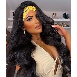 Body Wave Headband Wig Synthetic Natural Color Long Wavy Wig for Black Women Glueless Wig with Headband Attached 180% Density Heat Friendly 22 inch