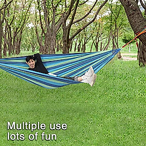 ONCLOUD Extra Long and Wide Double Hammock for Travel Camping Backyard, Porch, Outdoor or Indoor Use, Carrying Pouch Included (Blue/Green Stripes)
