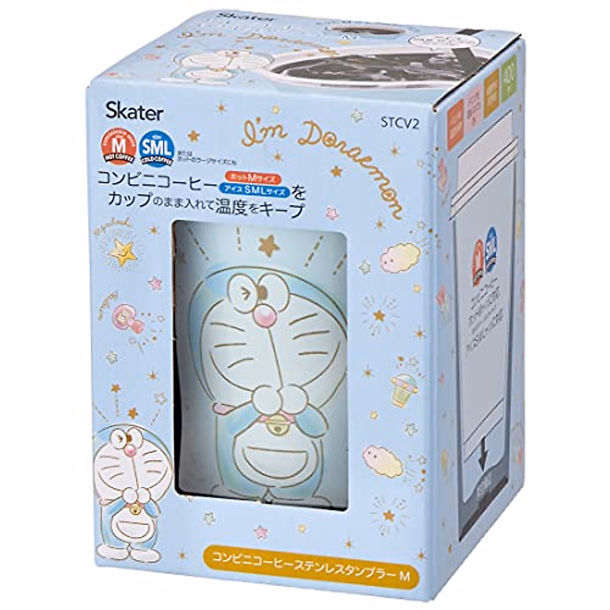 Skater Sanrio STCV2-A Stainless Steel Tumbler, Hot and Cold Retention, Convenience Store Coffee, 13.5 fl oz (400 ml), M, Doraemon, Glitter, Pastel