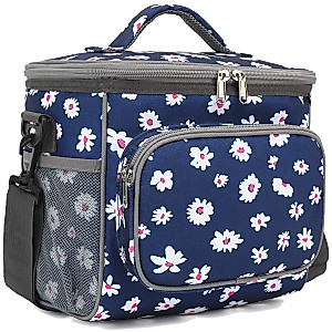 FlowFly Insulated Reusable Lunch Bag Adult Large Lunch Box for Women and Men with Adjustable Shoulder Strap,Front Zipper Pocket and Dual Large Mesh Side Pockets,Daisy