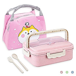 SITAKE Bento Box and Lunch Box for Kids, Come with Lunch Bag, Spoon and Fork, Microwaveable Wheat Straw Lunch Containers, Japanese-style 33.8oz/1000ml Lunchbox for Adults (Pink)