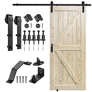 SMARTSTANDARD 36in x 84in Sliding Barn Door with 6.6ft Barn Door Hardware Kit & Handle, Pre-Drilled Ready to Assemble, DIY Unfinished Solid Spruce Wood Panelled Slab, K-Frame, Natural