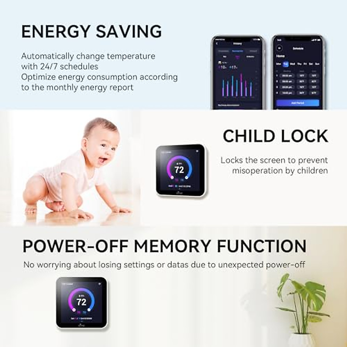 vine Smart Thermostat Larger Color Screen Thermostats for Home Heat and AC, 7 Day Programmable WiFi Thermostat App Control Compatible with Alexa and Google Assistant, C-Wire Required