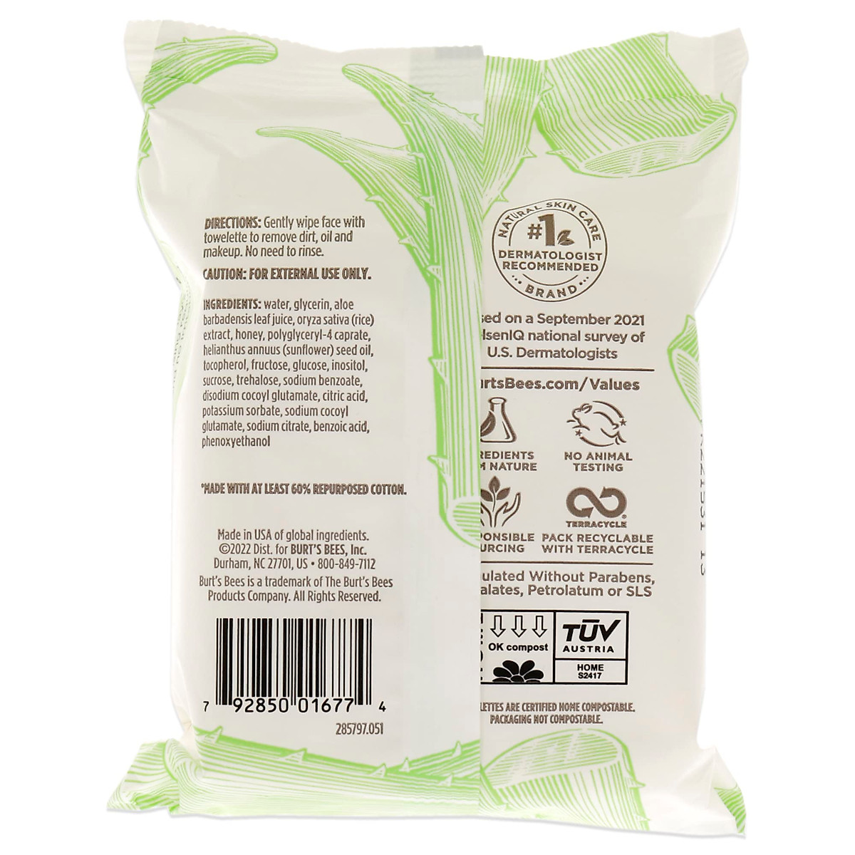 Burt's Bees Facial Cleansing Towelette Wipes for Sensitive Skin with Cotton Extract, 30 Count (Package May Vary)