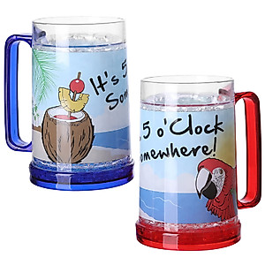 Easicozi It's 5 O'Clock Somewhere Party Parrot Double Wall Gel Frosty Freezer Ice Mugs Clear 16oz Set of 2